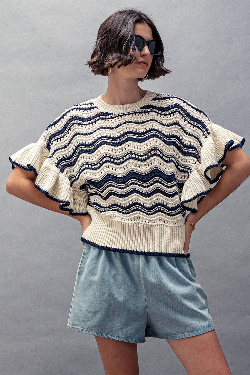Ruffle Sleeve Detail Wave Pattern Knit Sweater